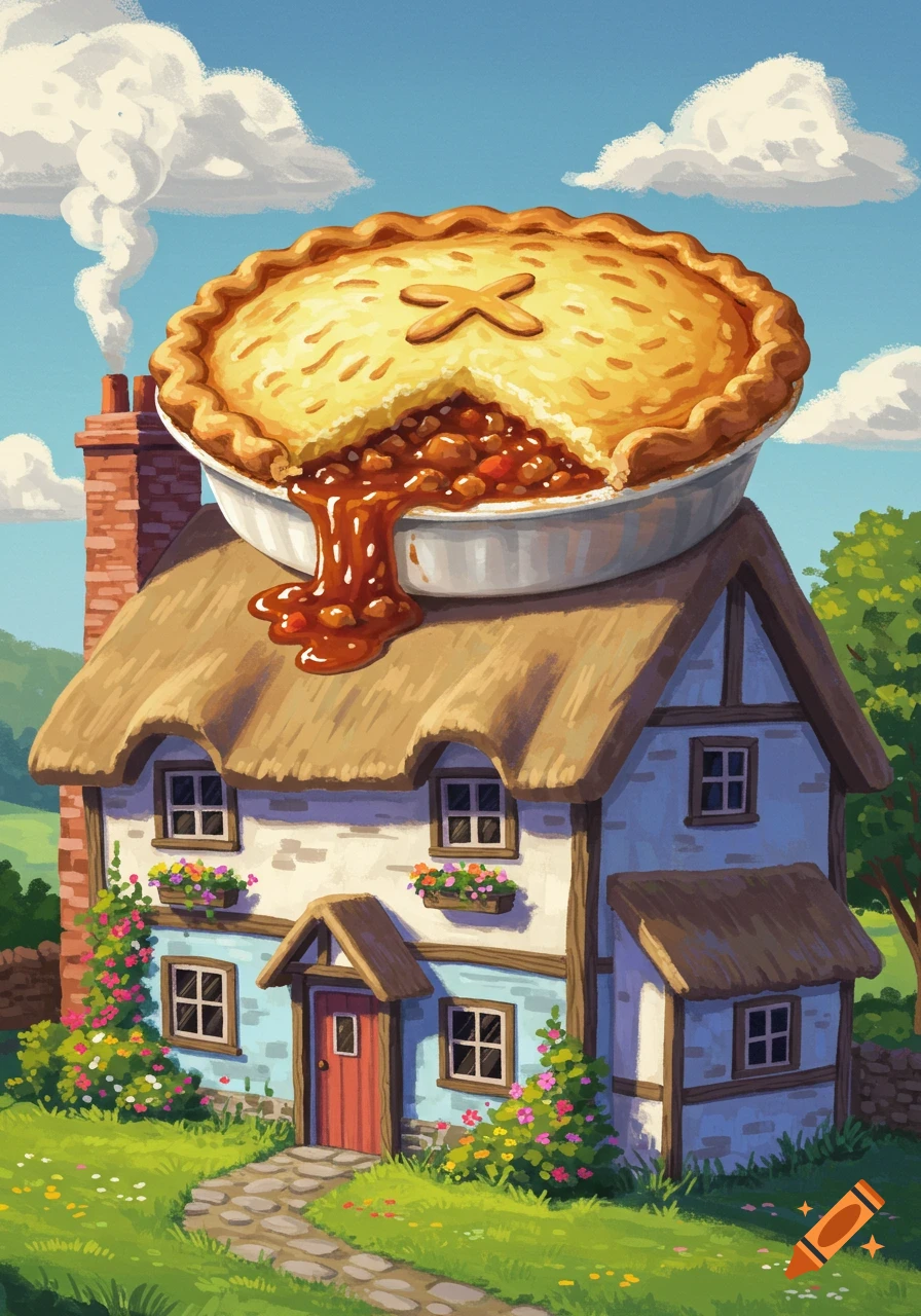 Cartoon illustration of a huge shepherd's pie sitting on the roof of a ...