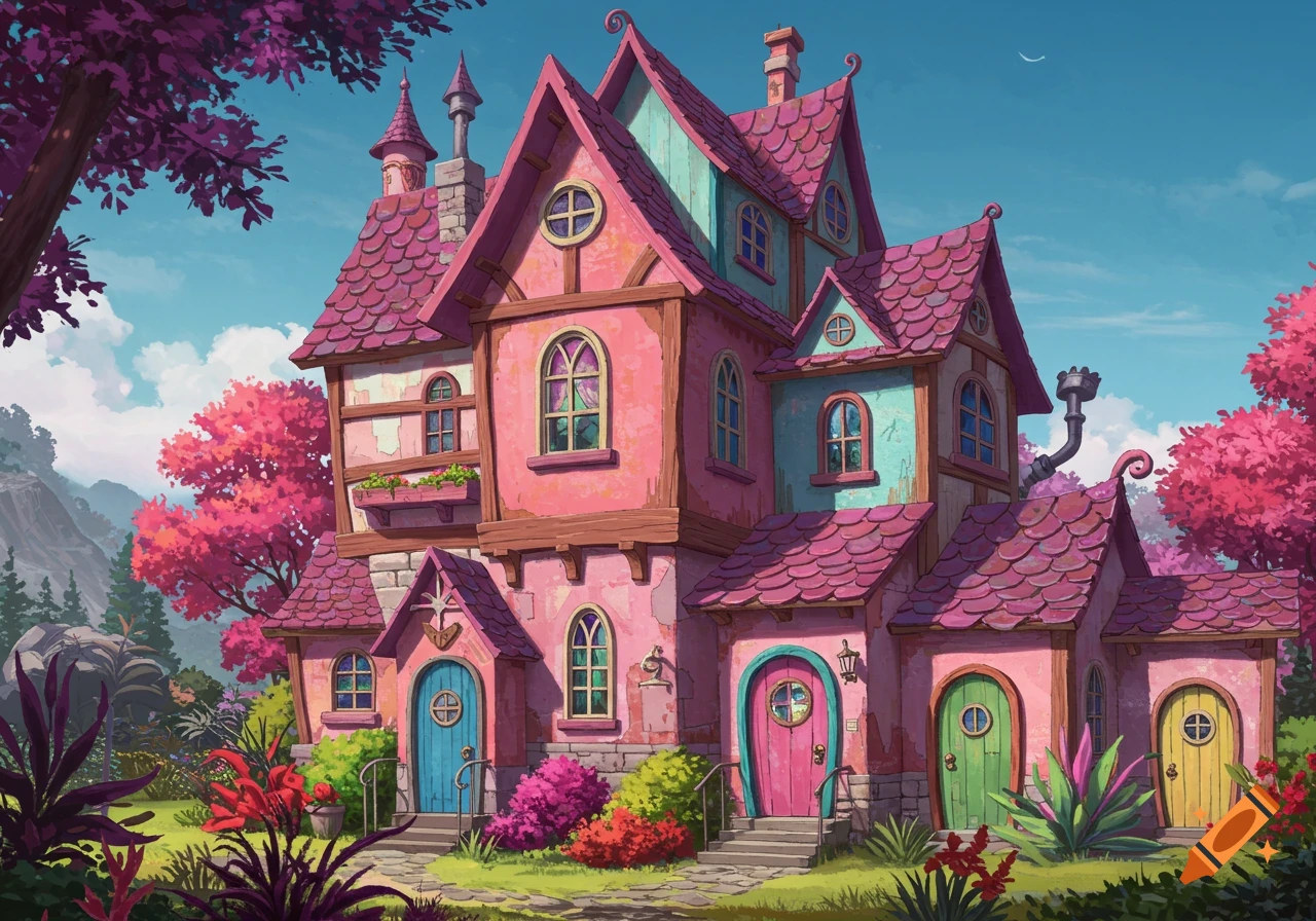 A whimsical, colorful fantasy house with multiple unique doors in a ...