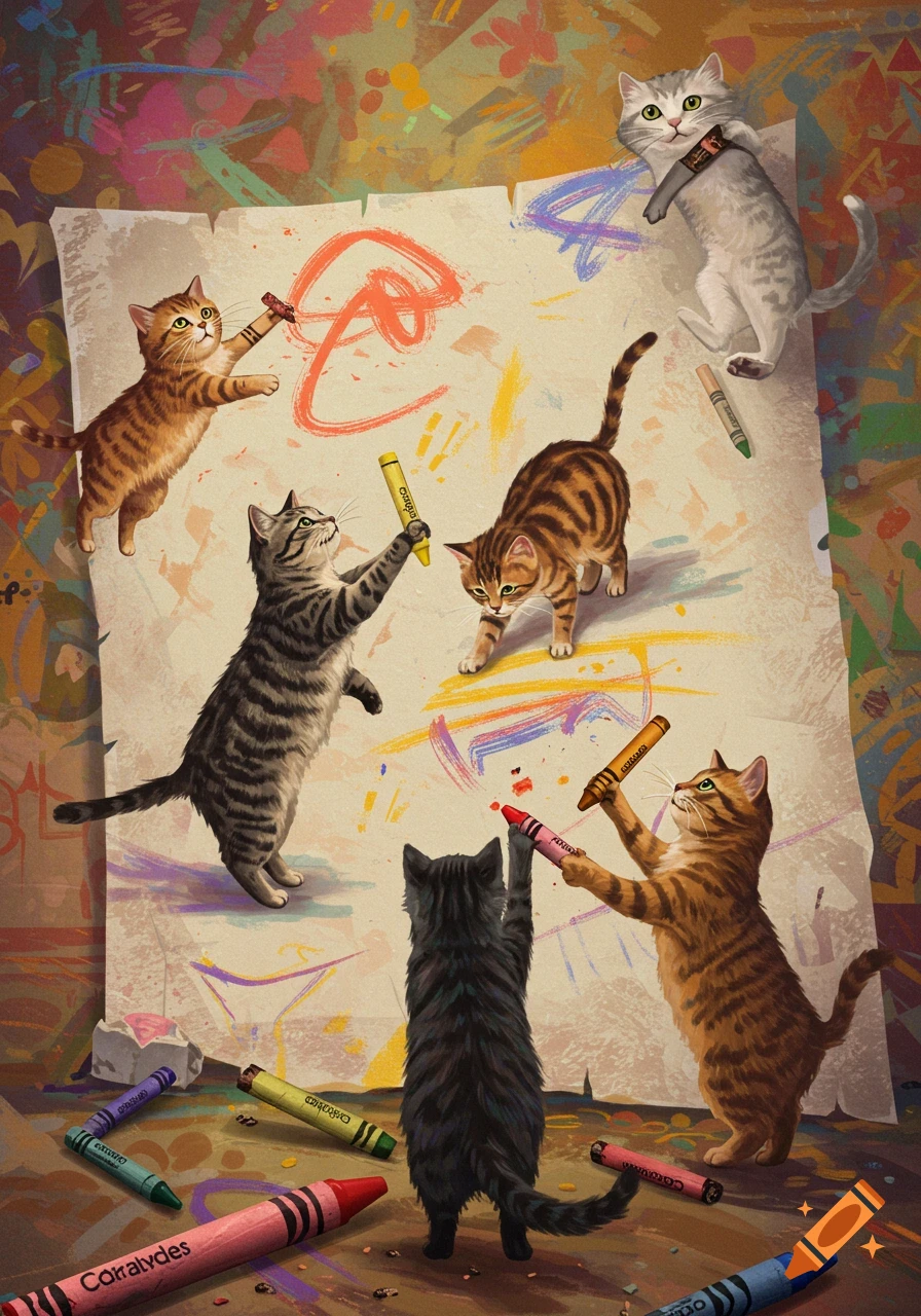 Illustration of several cats drawing on a large sheet of paper with ...