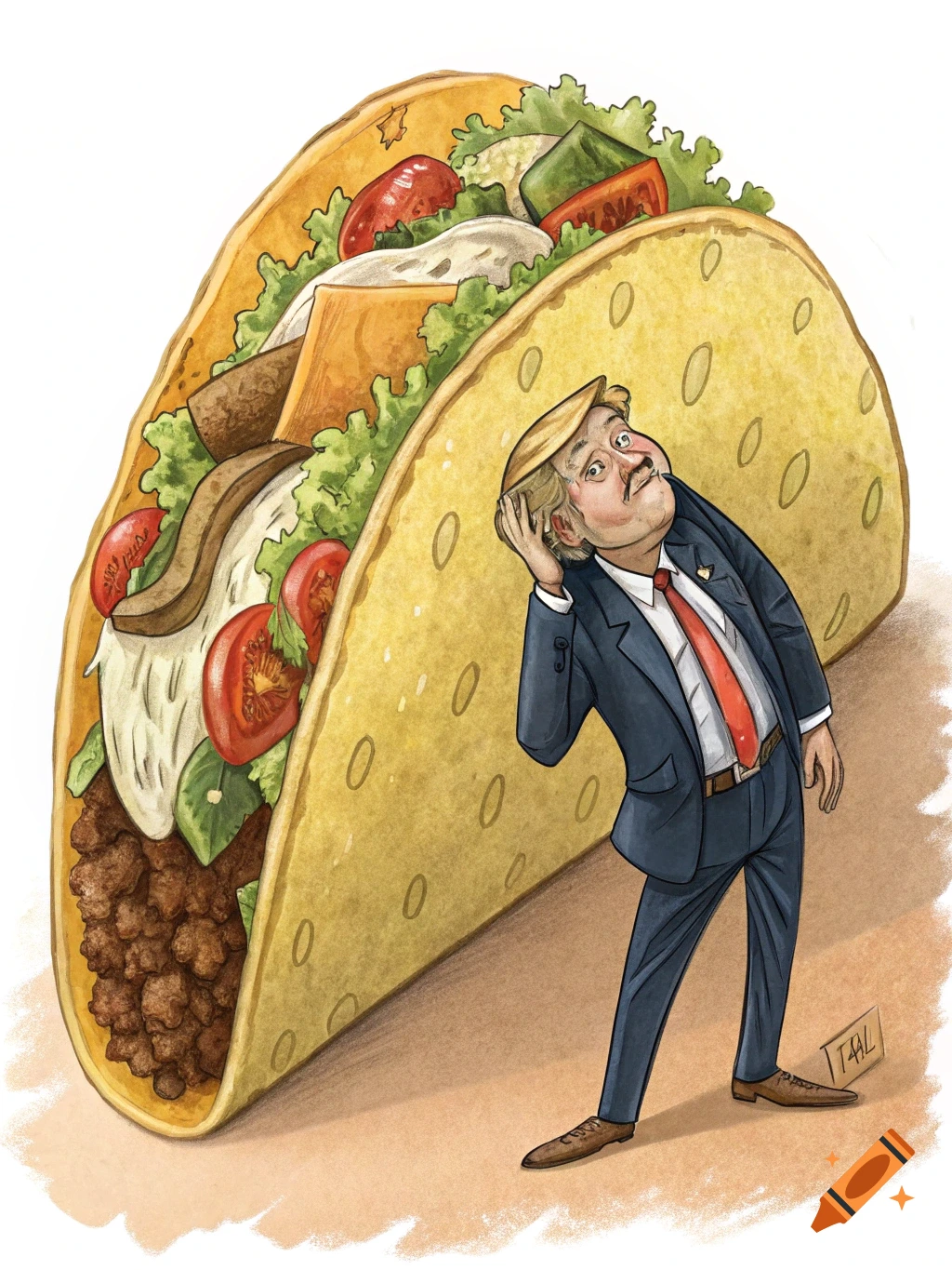 Cartoon illustration of Donald Trump standing next to a giant taco. on ...