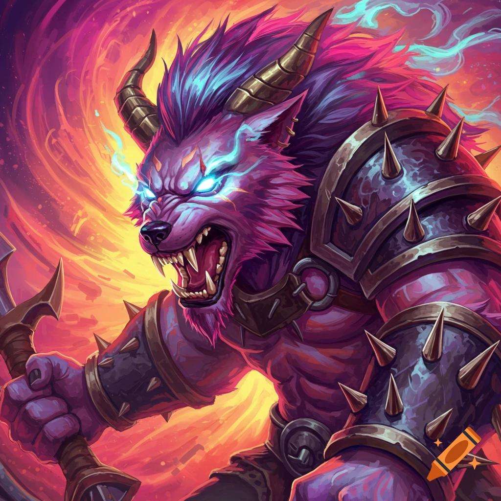 Fierce purple beast with horns and glowing eyes in armor, wielding a ...