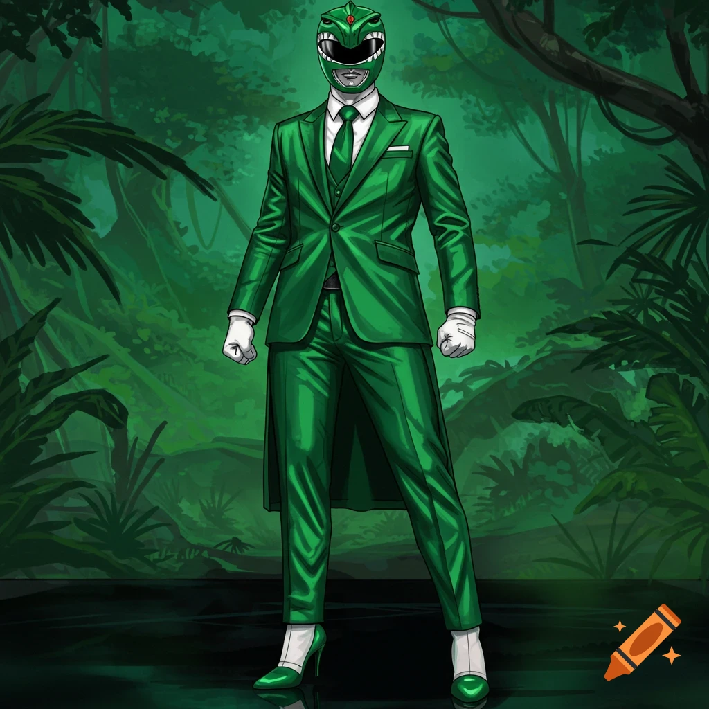A Green Power Ranger wearing a suit, tie, and heels stands in a lush ...