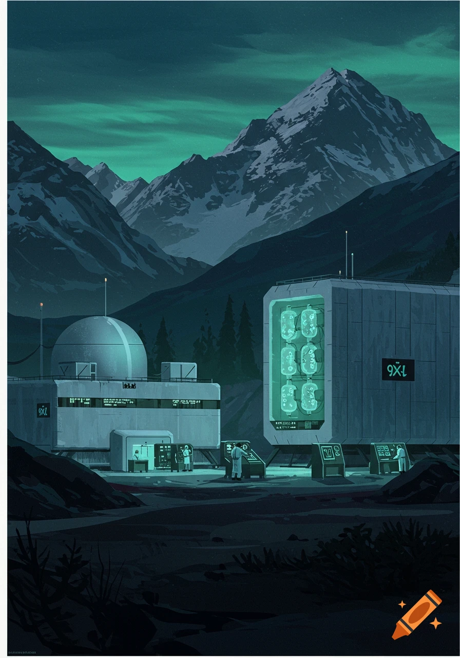 Illustration of a science fiction base with researchers in a ...