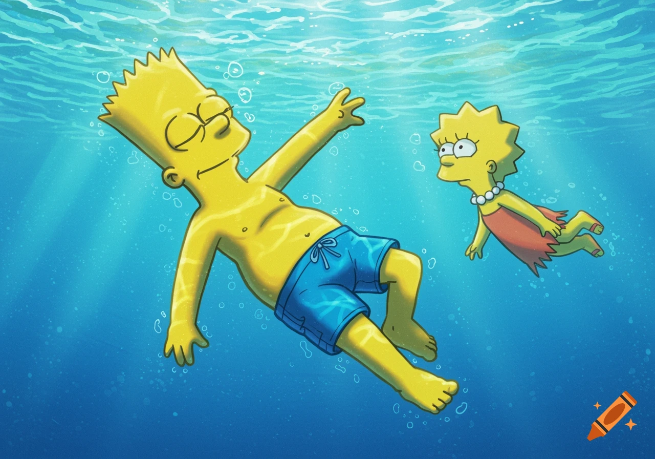 Bart and Lisa Simpson floating underwater on Craiyon