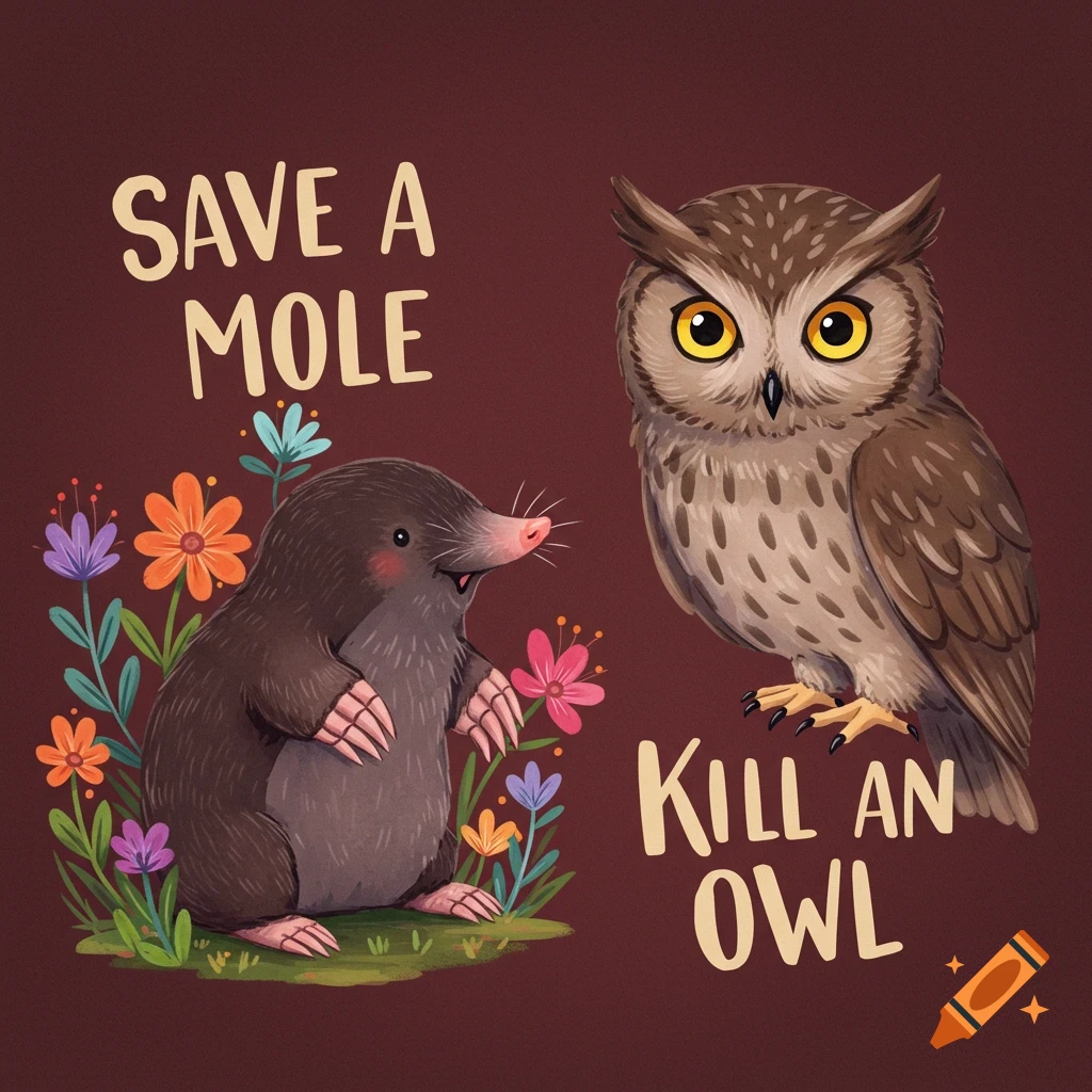 Cartoon illustration of a mole and an owl with text that reads 'Save a ...