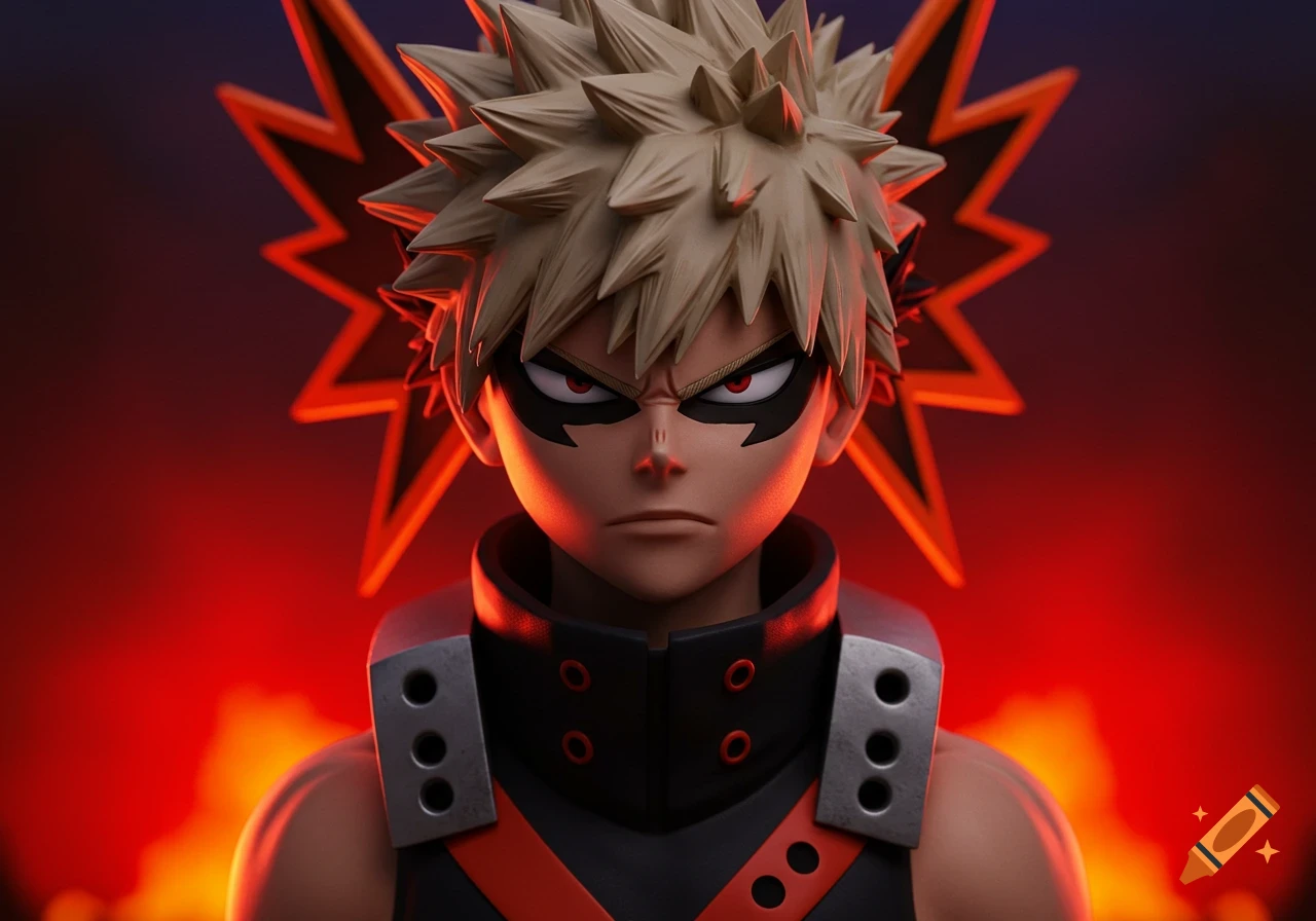Close-up portrait of anime character Katsuki Bakugou with a fiery ...