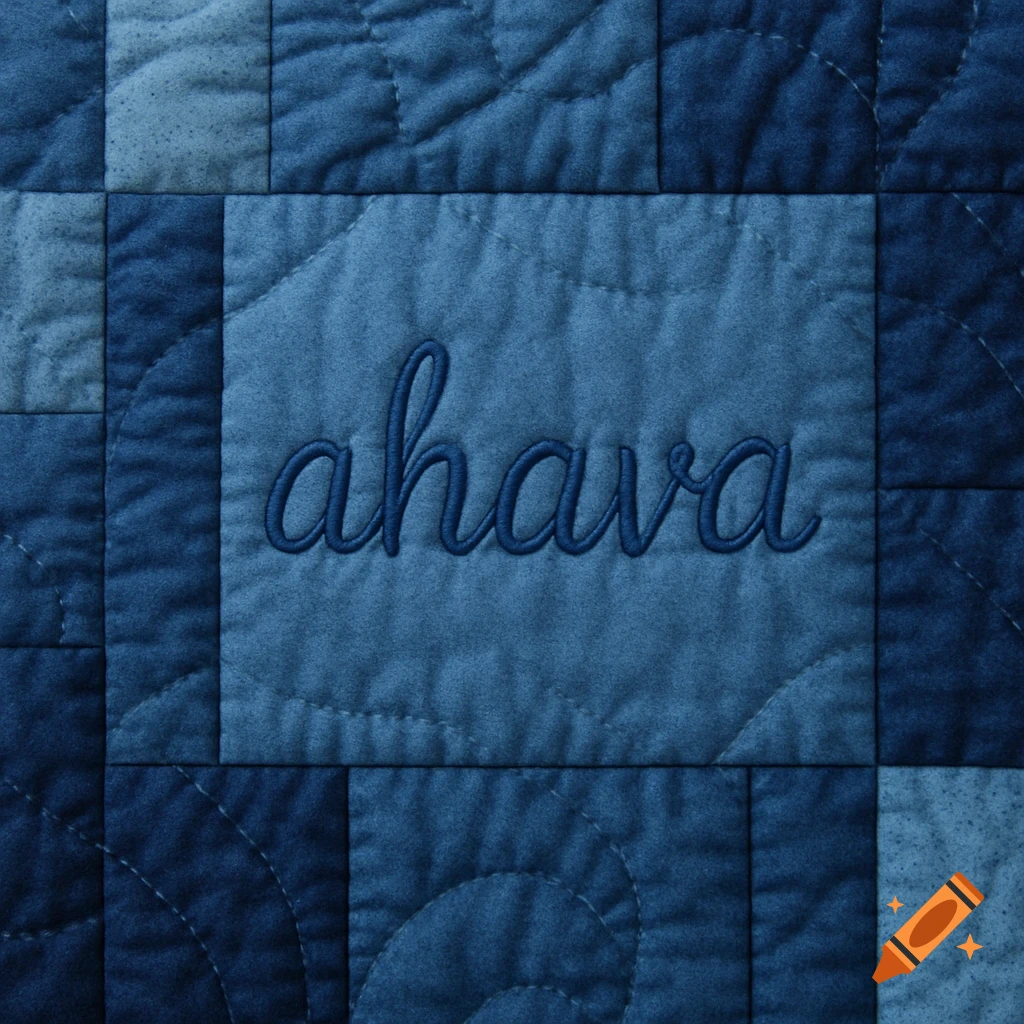 Close-up of a blue quilted blanket with the word 'ahava' embroidered in ...