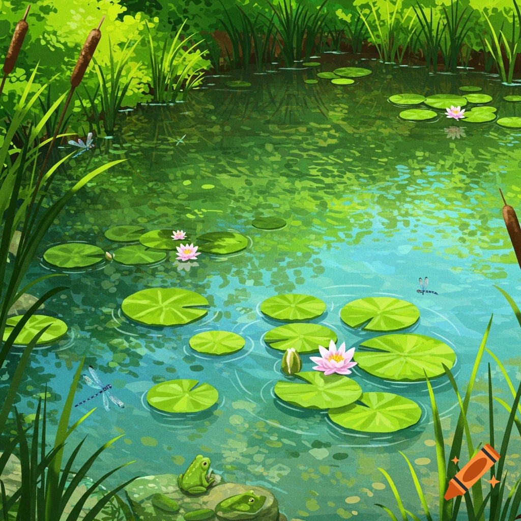 Illustration of a pond with lily pads, frogs, and dragonflies. on Craiyon
