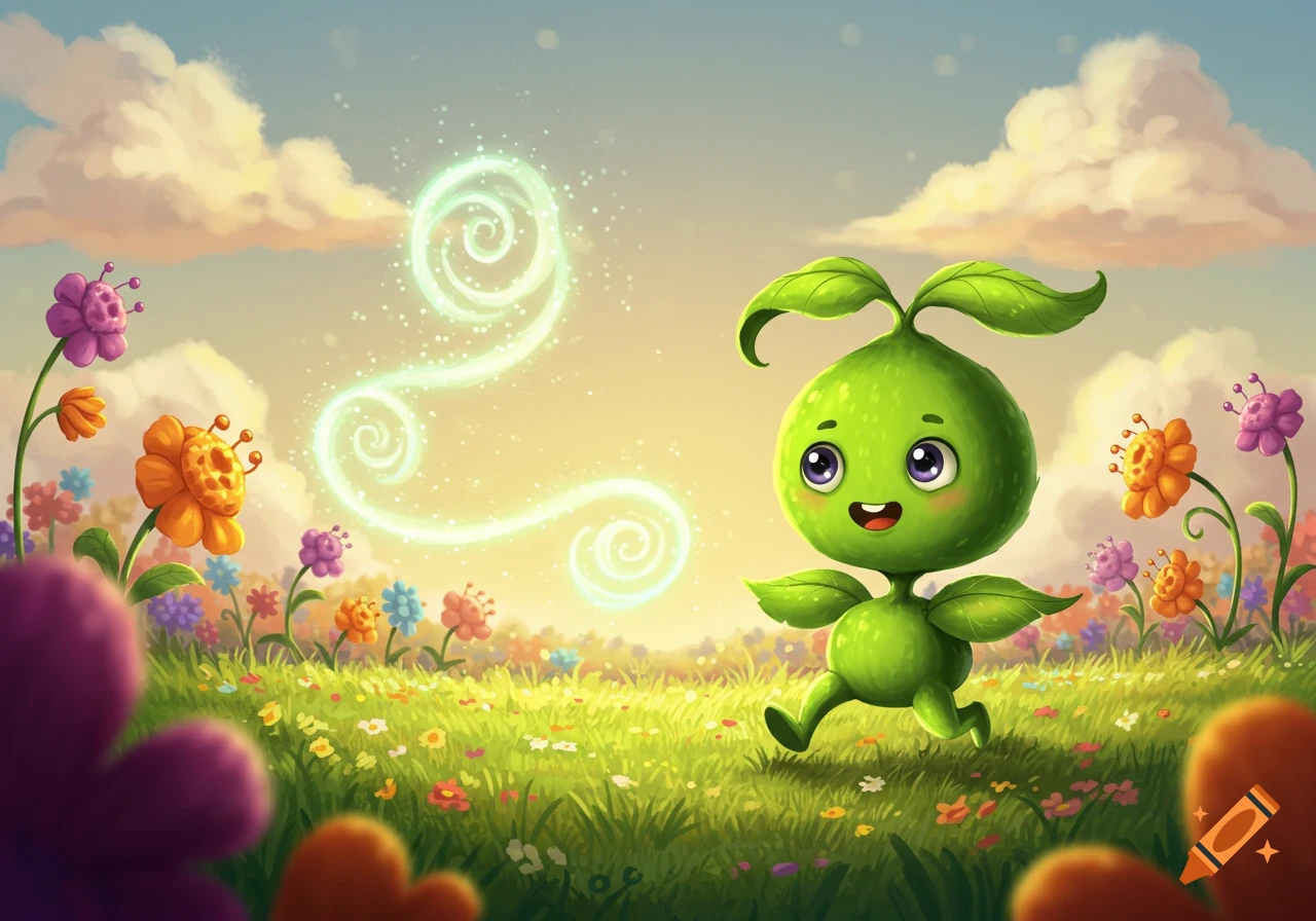 A cute green plant creature with leaves for ears walks through a field ...