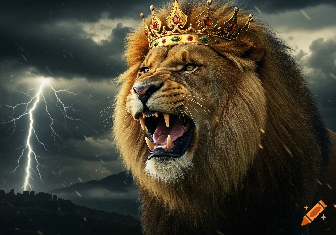 A majestic lion wearing a golden crown roars during a lightning storm ...