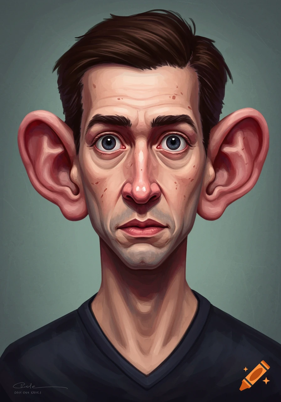 Stylized portrait of a man with extremely large ears. on Craiyon