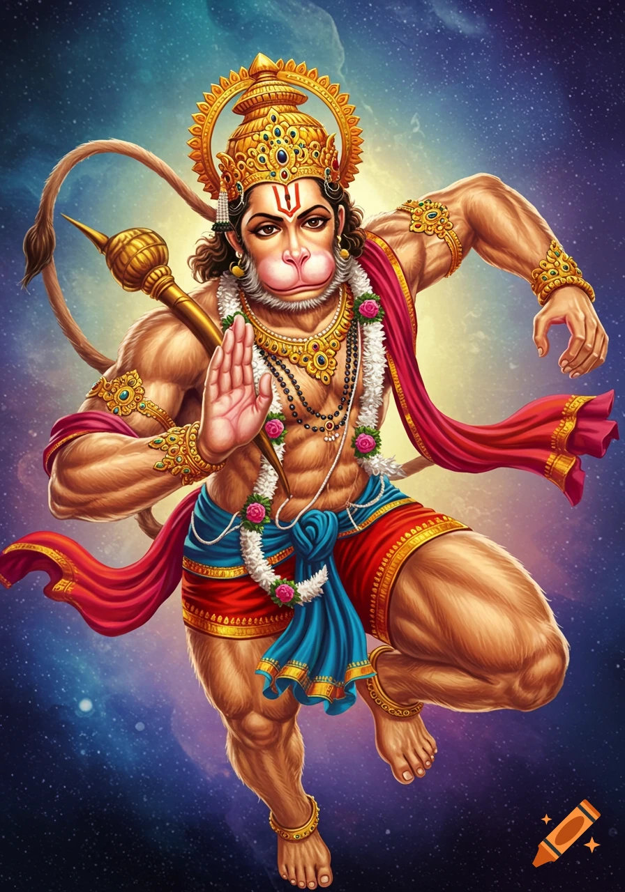 Hanuman ji, a Hindu deity, flying through space with a mace ...