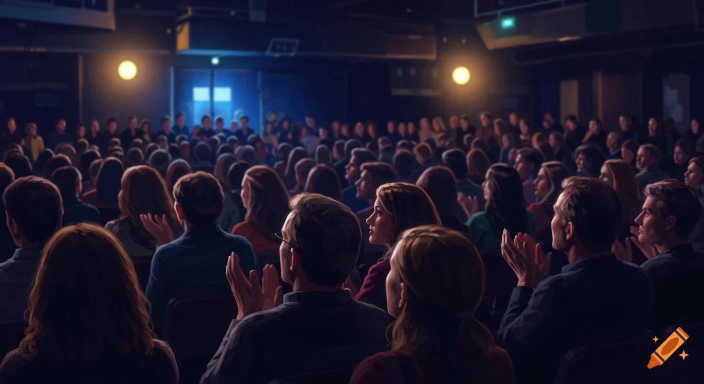 An illustration of a large audience watching a performance in a dimly ...