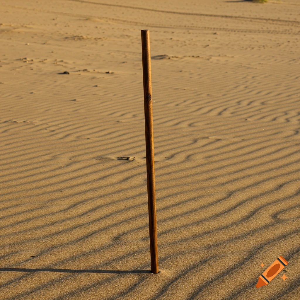 A wooden stick stands upright in a sandy desert with ripples and warm ...
