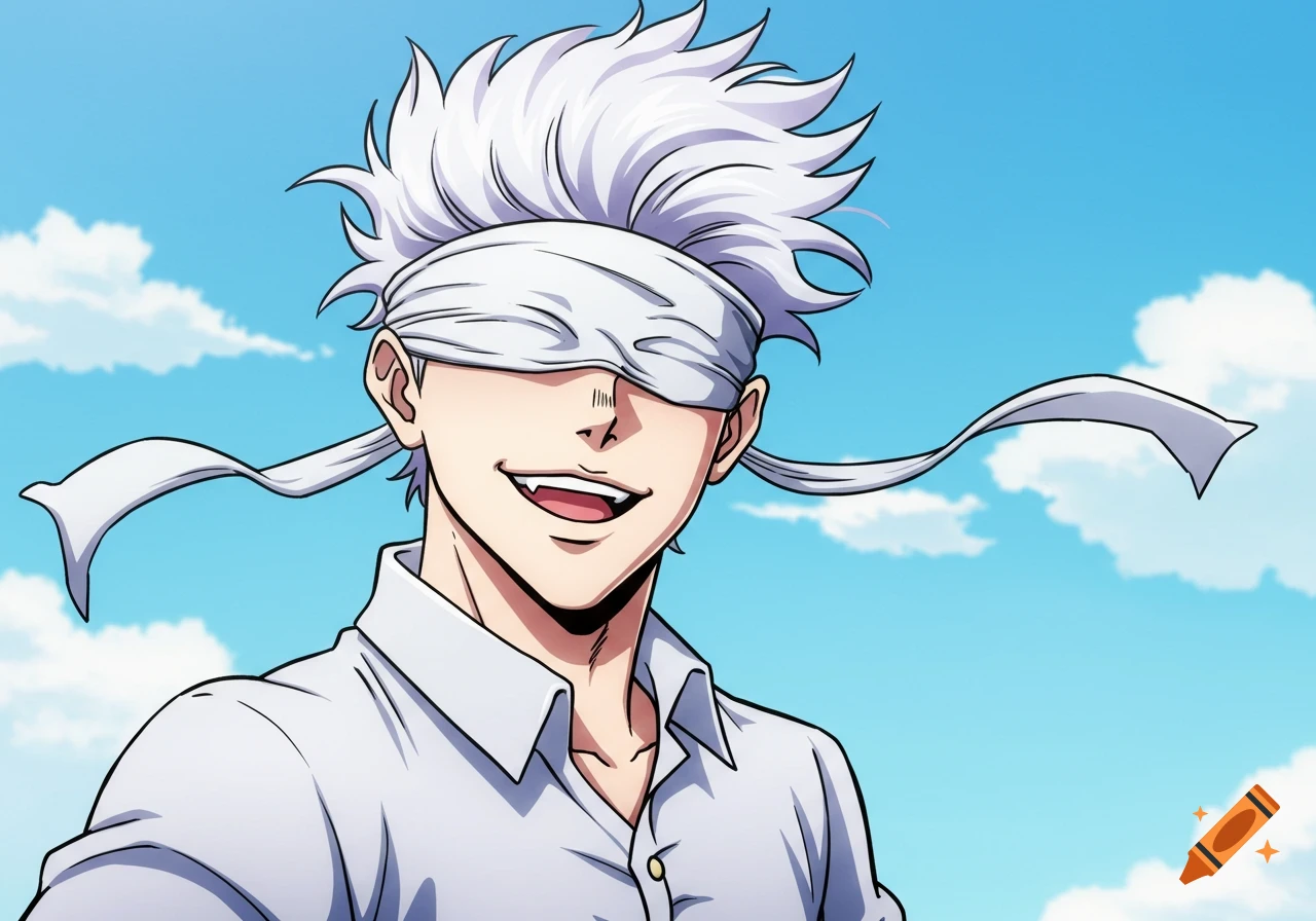 Anime drawing of a blindfolded male character with spiky white hair and ...