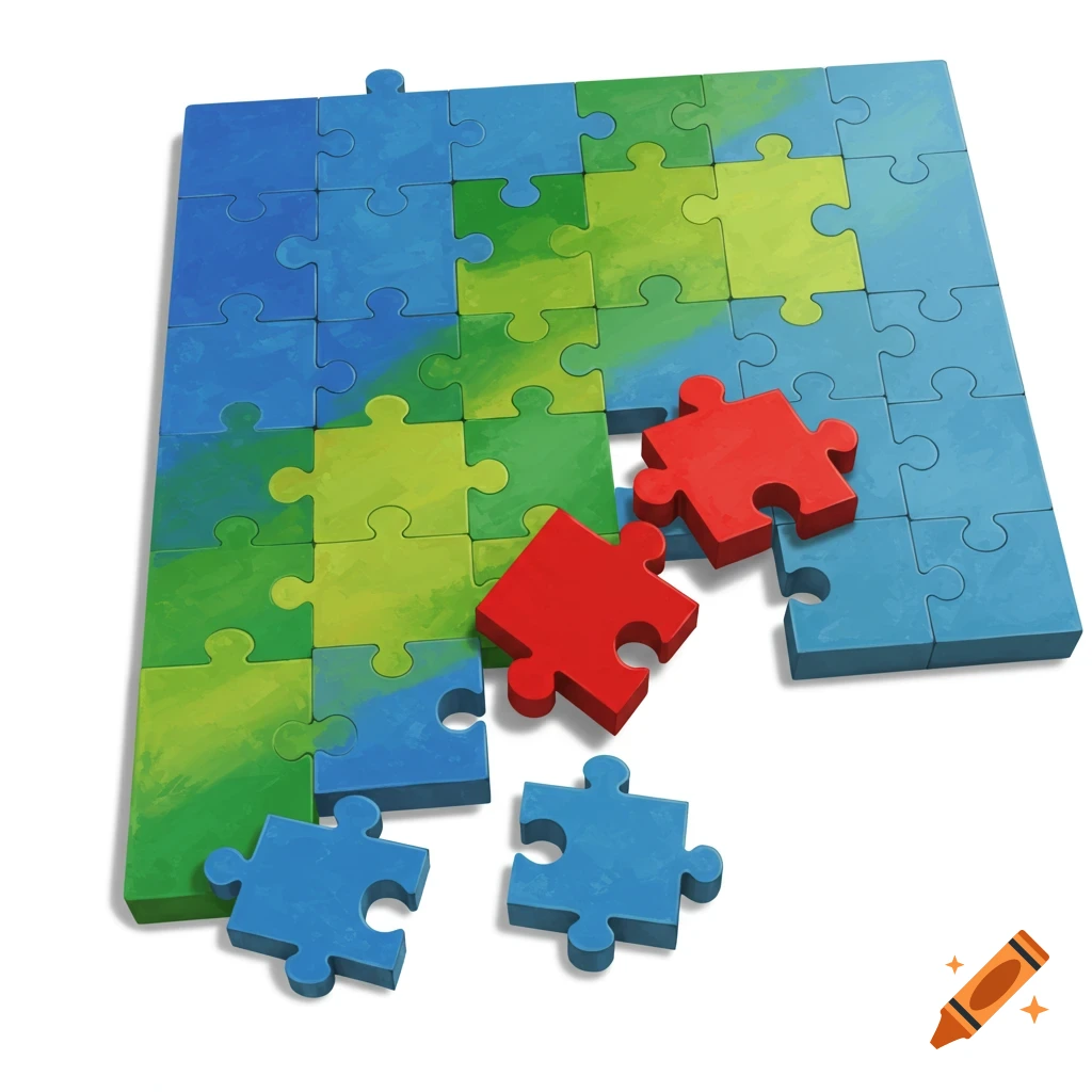 A partially assembled jigsaw puzzle with blue, green, and red pieces ...