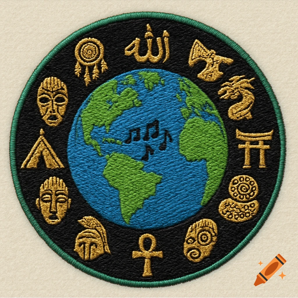 Embroidered patch with Earth globe surrounded by cultural symbols ...