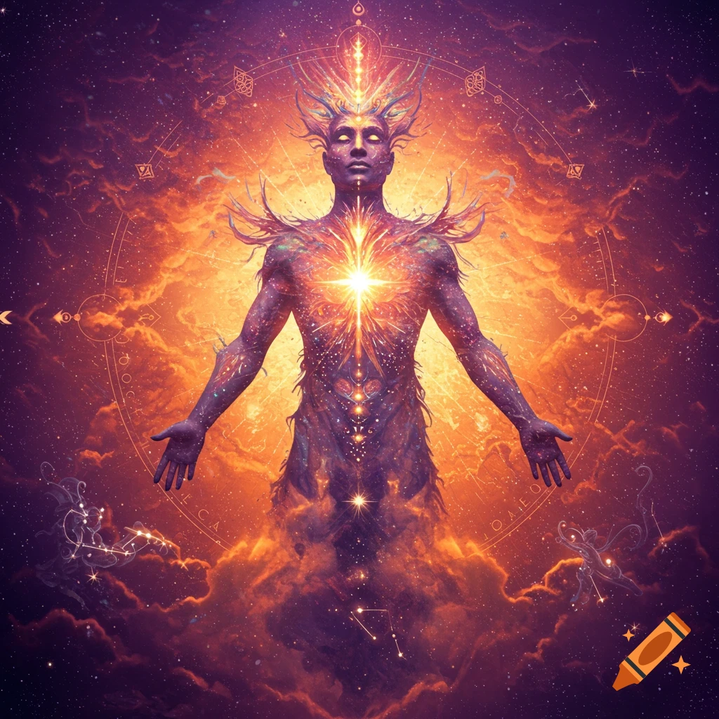 A cosmic being with outstretched arms stands in a nebula of stars and clouds, emanating light ...