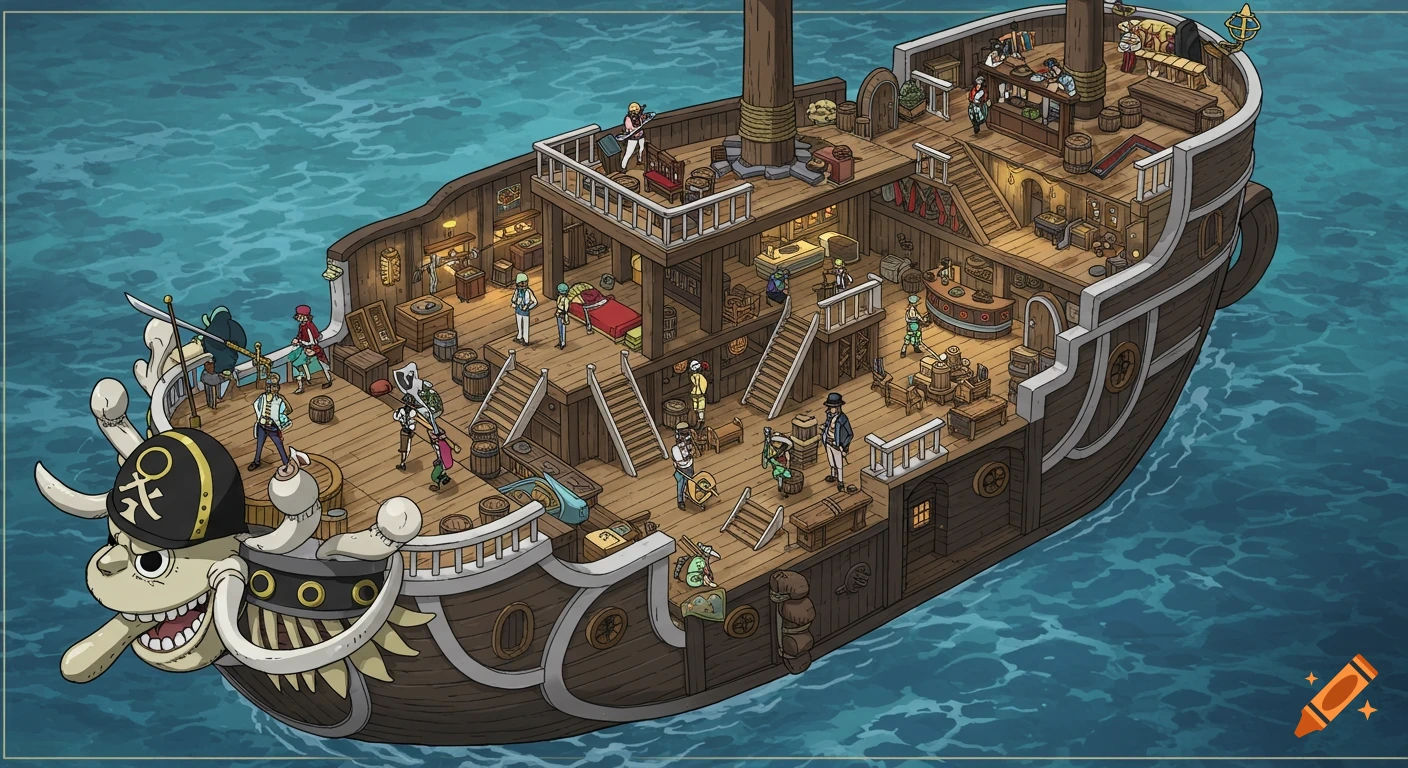 Isometric anime illustration of a pirate ship with a cutaway view ...