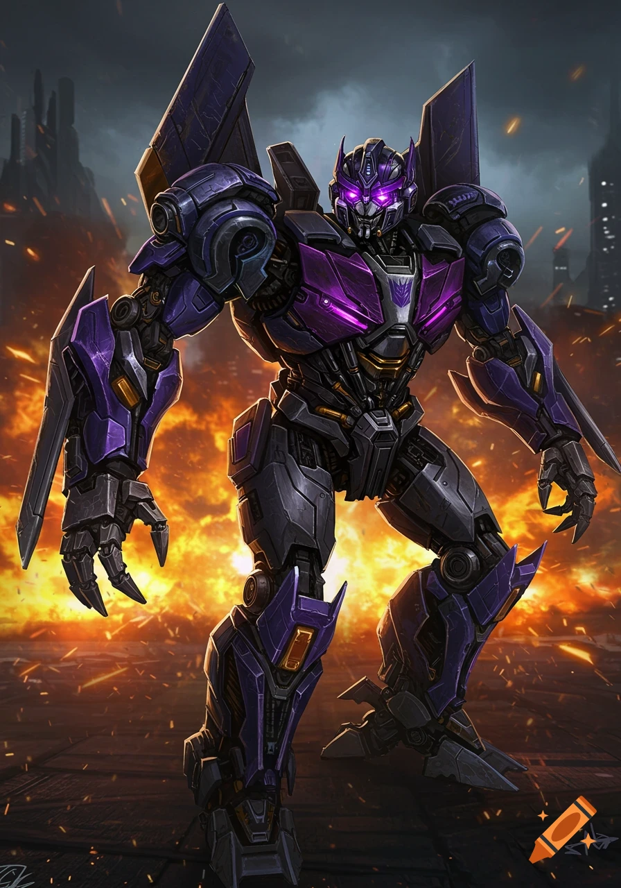 A detailed illustration of a purple and gray Transformers Decepticon ...
