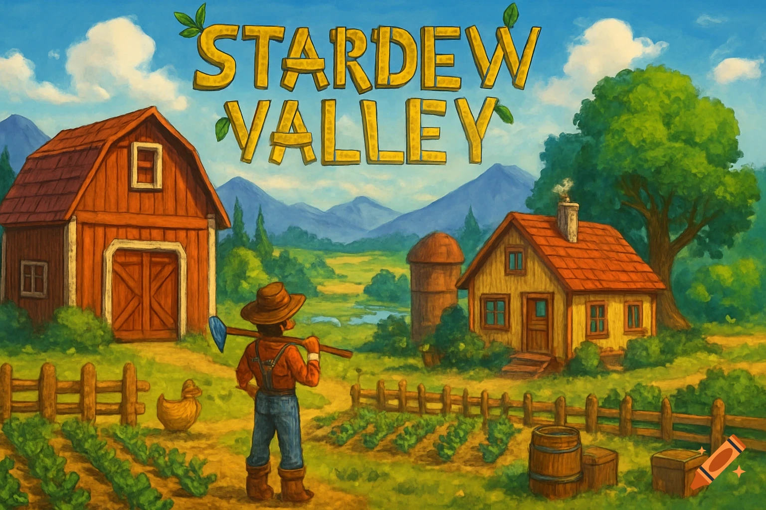 Painting of a farm scene from Stardew Valley with a farmer, barn, house ...