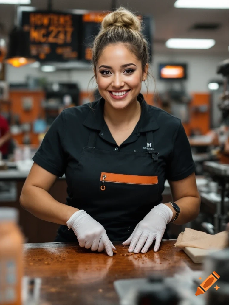 Photorealistic portrait of a smiling woman in a black Hooters uniform ...
