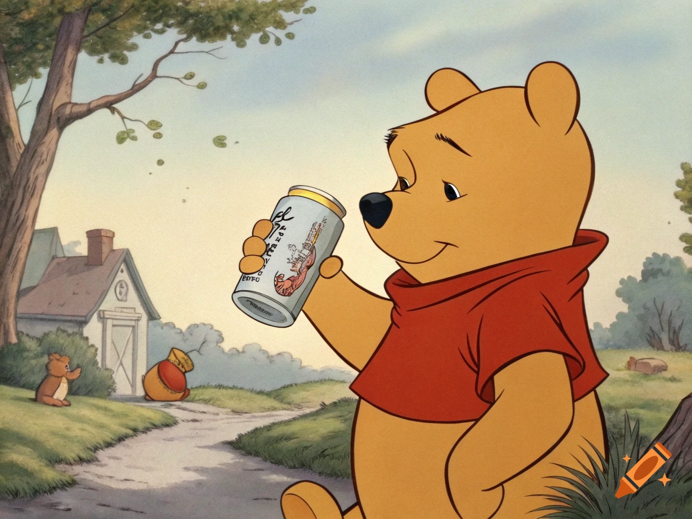 Winnie the Pooh holds a beer can in classic animation style. on Craiyon