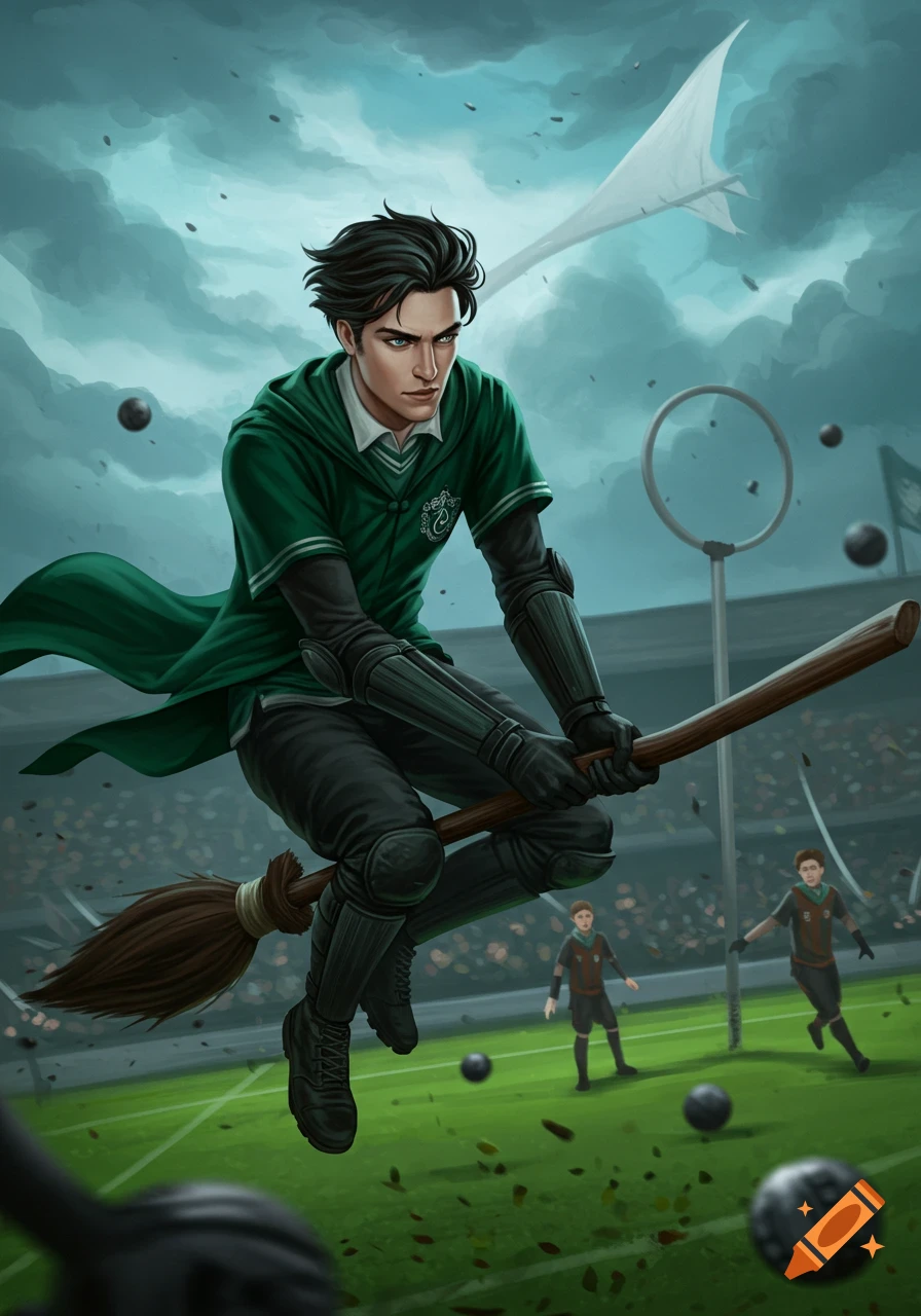 A young man in Slytherin Quidditch robes flies on a broomstick during a ...