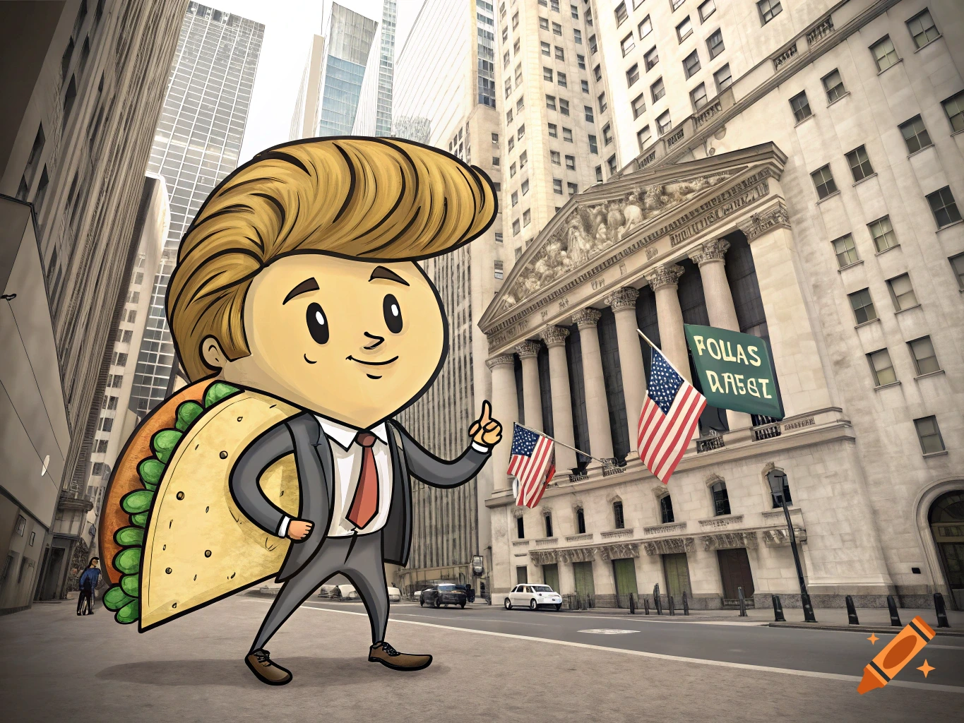 Cartoon taco character with Trump pompadour haircut stands in front of ...