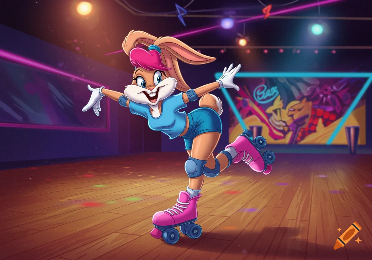Cartoon rabbit character on roller skates in a cool pose at a disco ...