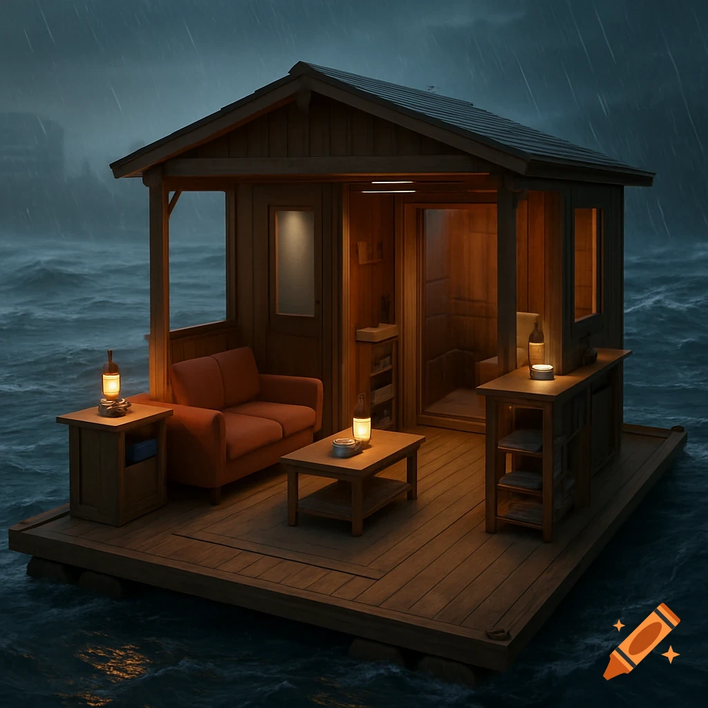A wooden cabin on a raft floats on rough stormy seas under a dark sky ...