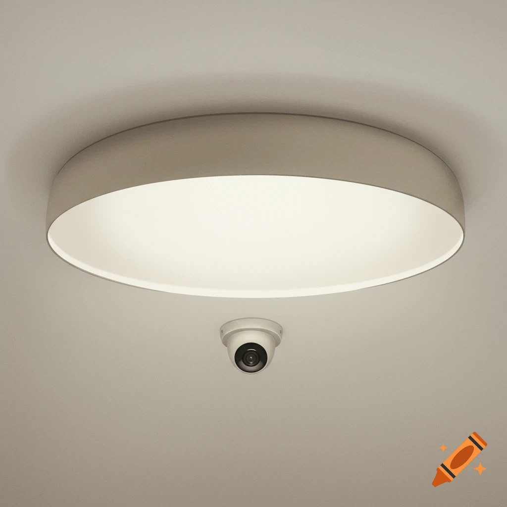 A round ceiling light with a security camera mounted directly below it ...