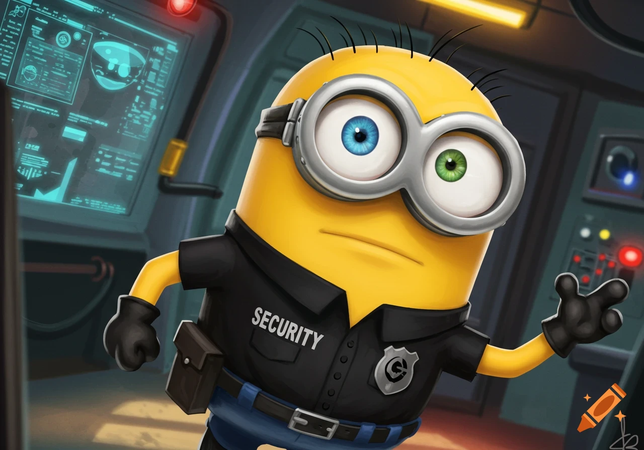 A Minion character in a security uniform with heterochromia eyes stands ...