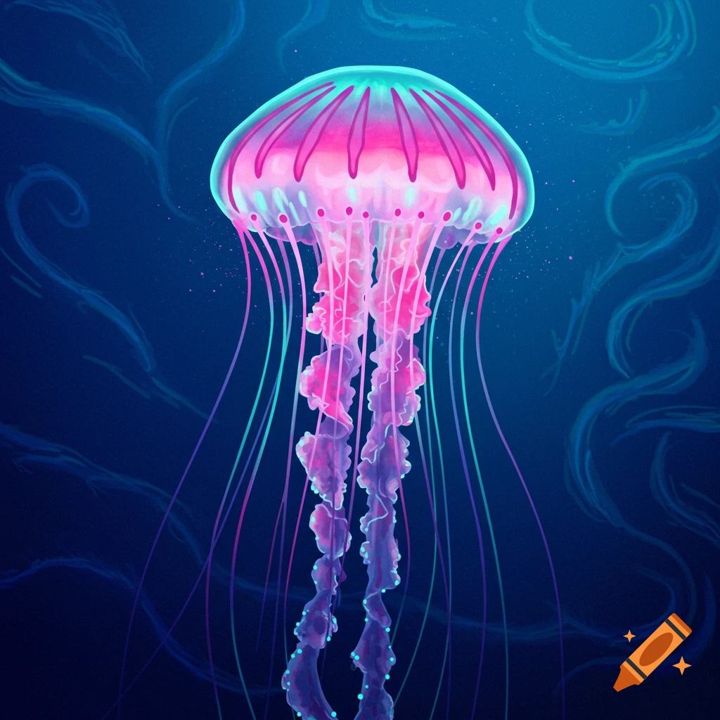A brightly colored jellyfish with glowing pink and purple tentacles ...
