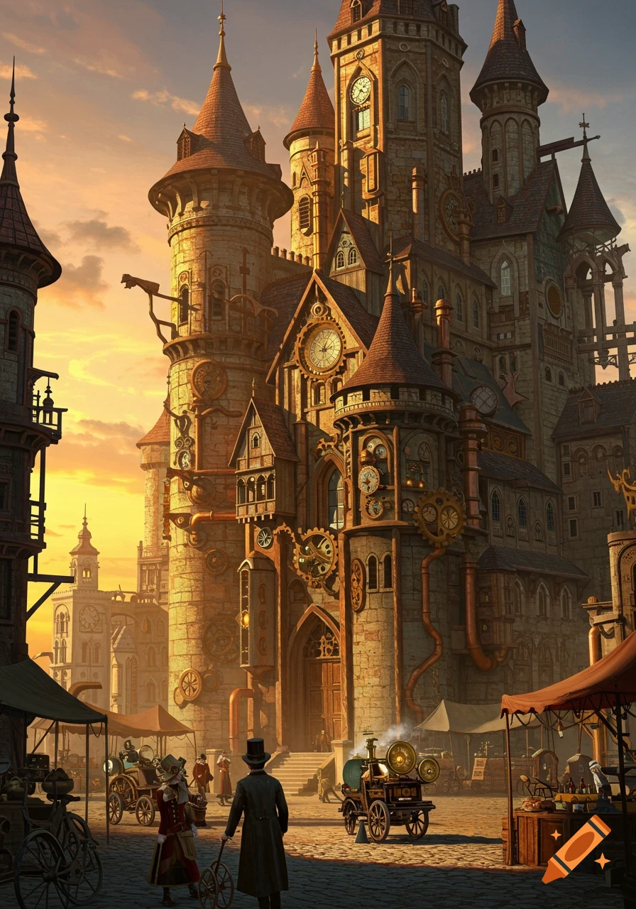 A steampunk castle with multiple towers and clocks dominates a town ...