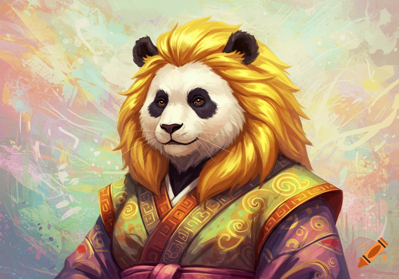 Portrait of a panda-lion hybrid creature wearing a kimono, in a ...
