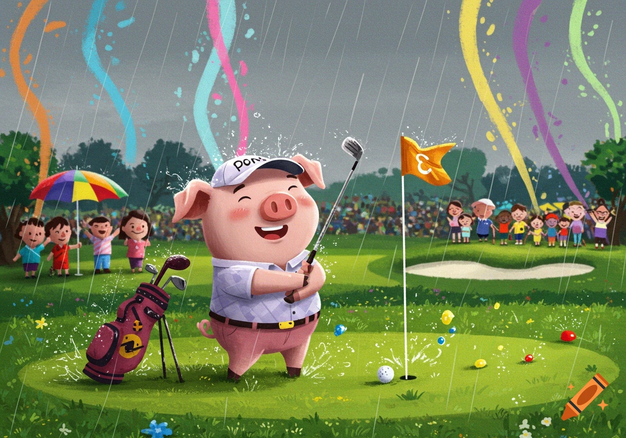Cartoon illustration of a happy pig playing golf in the rain with ...