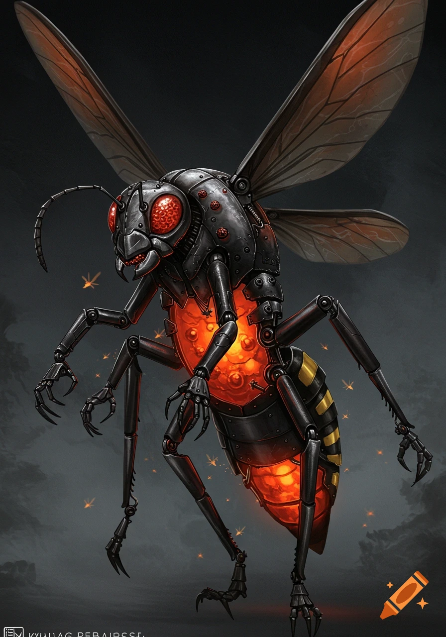A detailed illustration of a biomechanical wasp with glowing red eyes ...