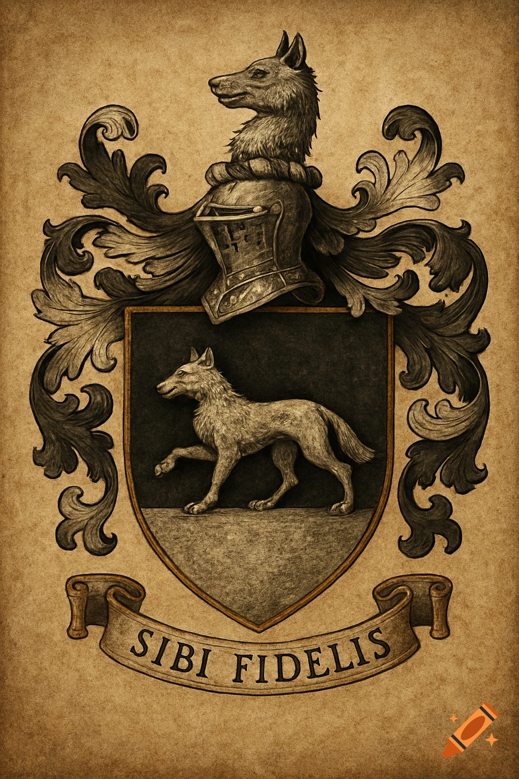Medieval coat of arms with wolves, helmet, and scroll on aged parchment ...