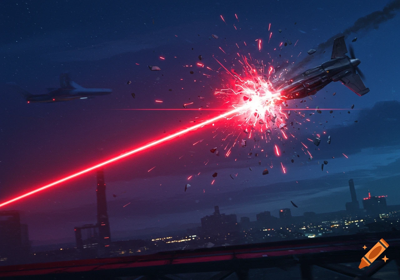 A red laser beam strikes a drone in the night sky above a futuristic ...