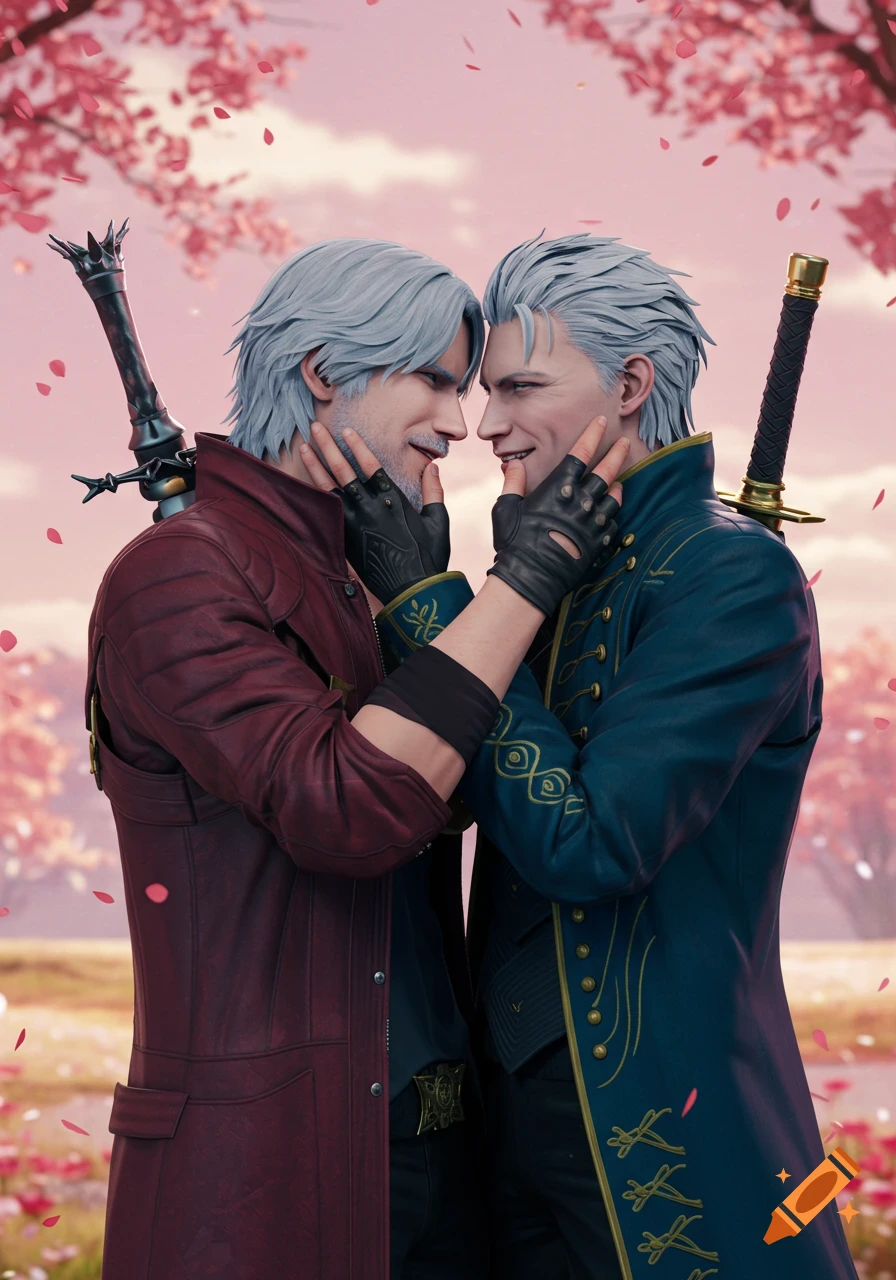 Dante and Vergil from Devil May Cry embrace under cherry blossoms in a 3D render. on Craiyon