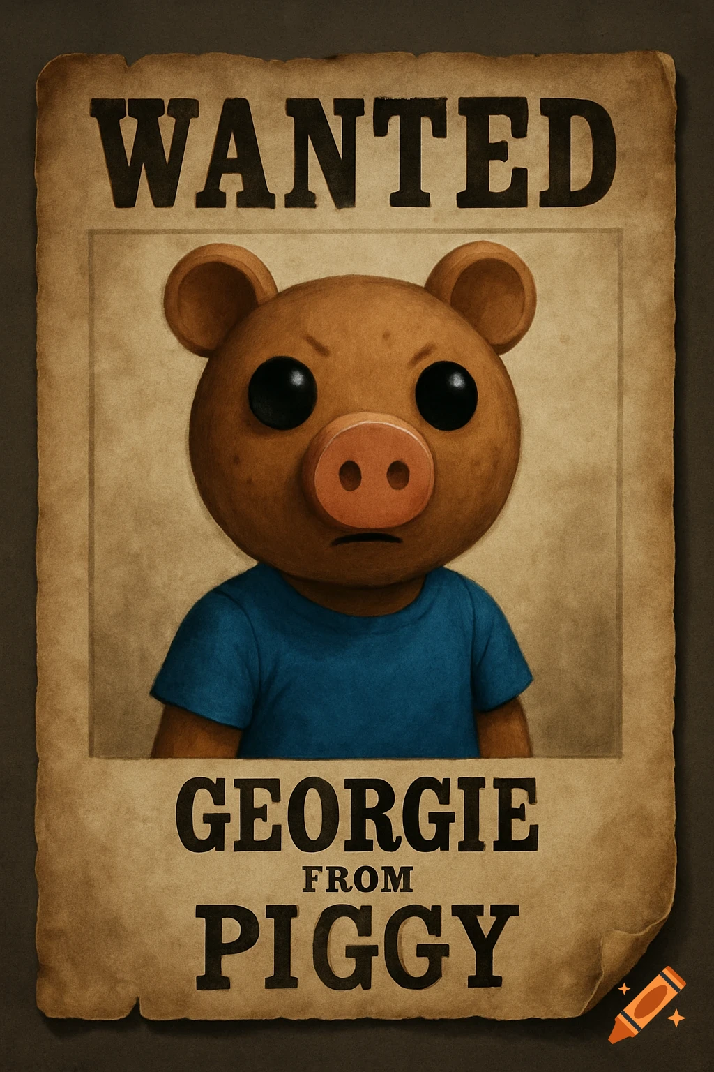 Wanted poster for Georgie from Piggy, a cartoon pig character on Craiyon