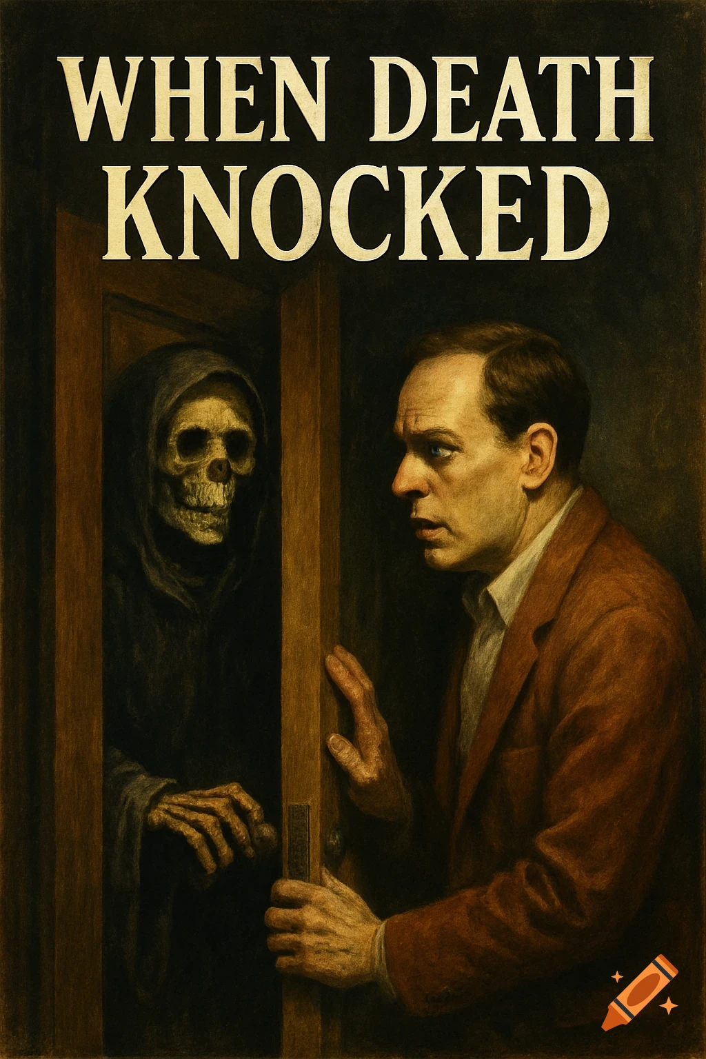 Painting of a man encountering the figure of Death at a door. Title ...