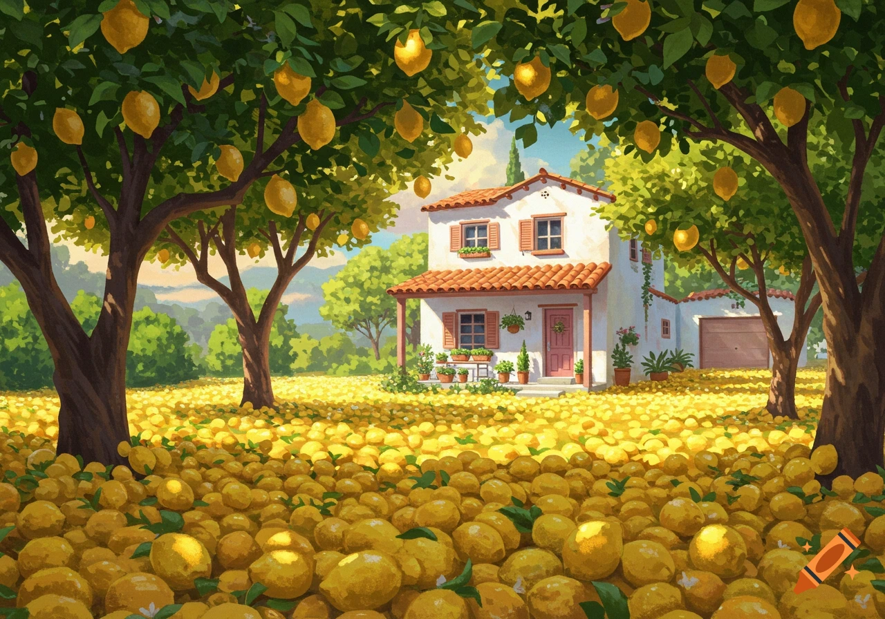 Illustrated house in a field of lemons under lemon trees on Craiyon