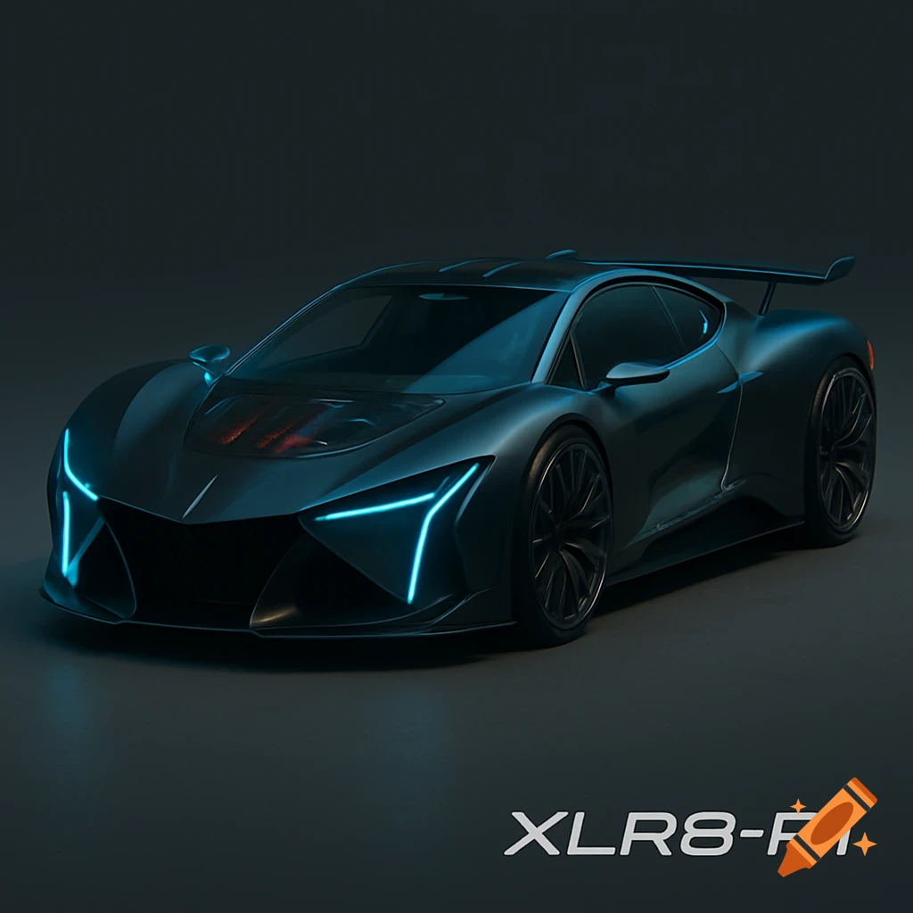 Dark futuristic hypercar with blue LED lighting on Craiyon