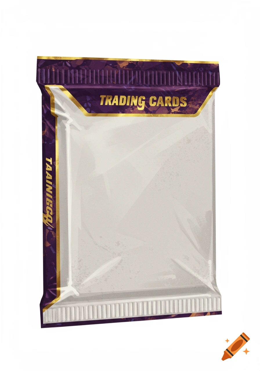 A plastic trading card pack with purple and gold accents. on Craiyon