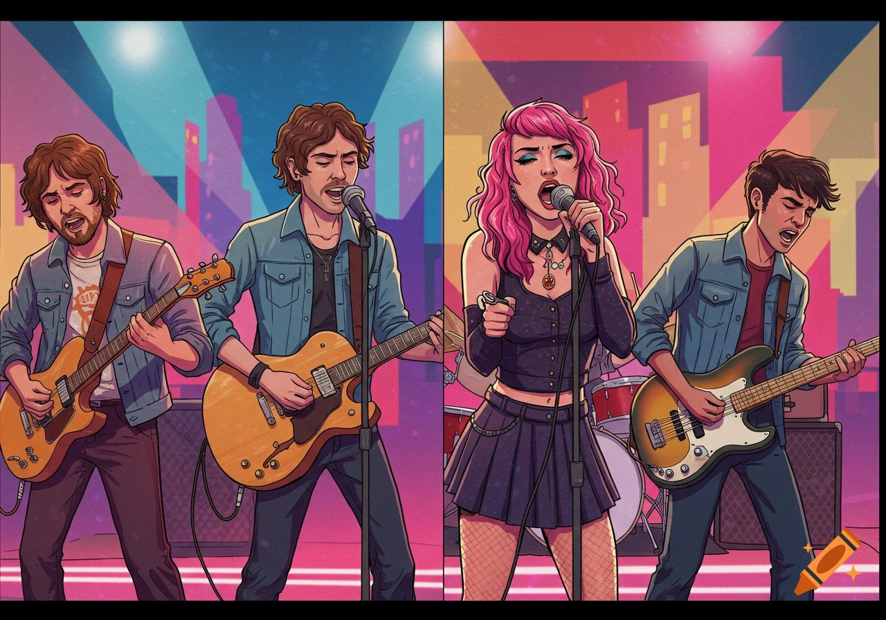 Stylized illustration of a four-person band performing on stage with a ...