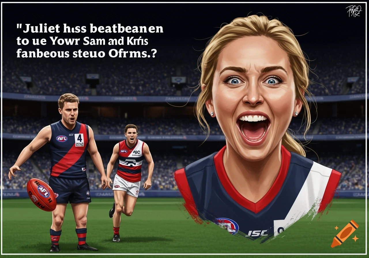 Illustration of AFL players and a cheering fan in a stadium. on Craiyon