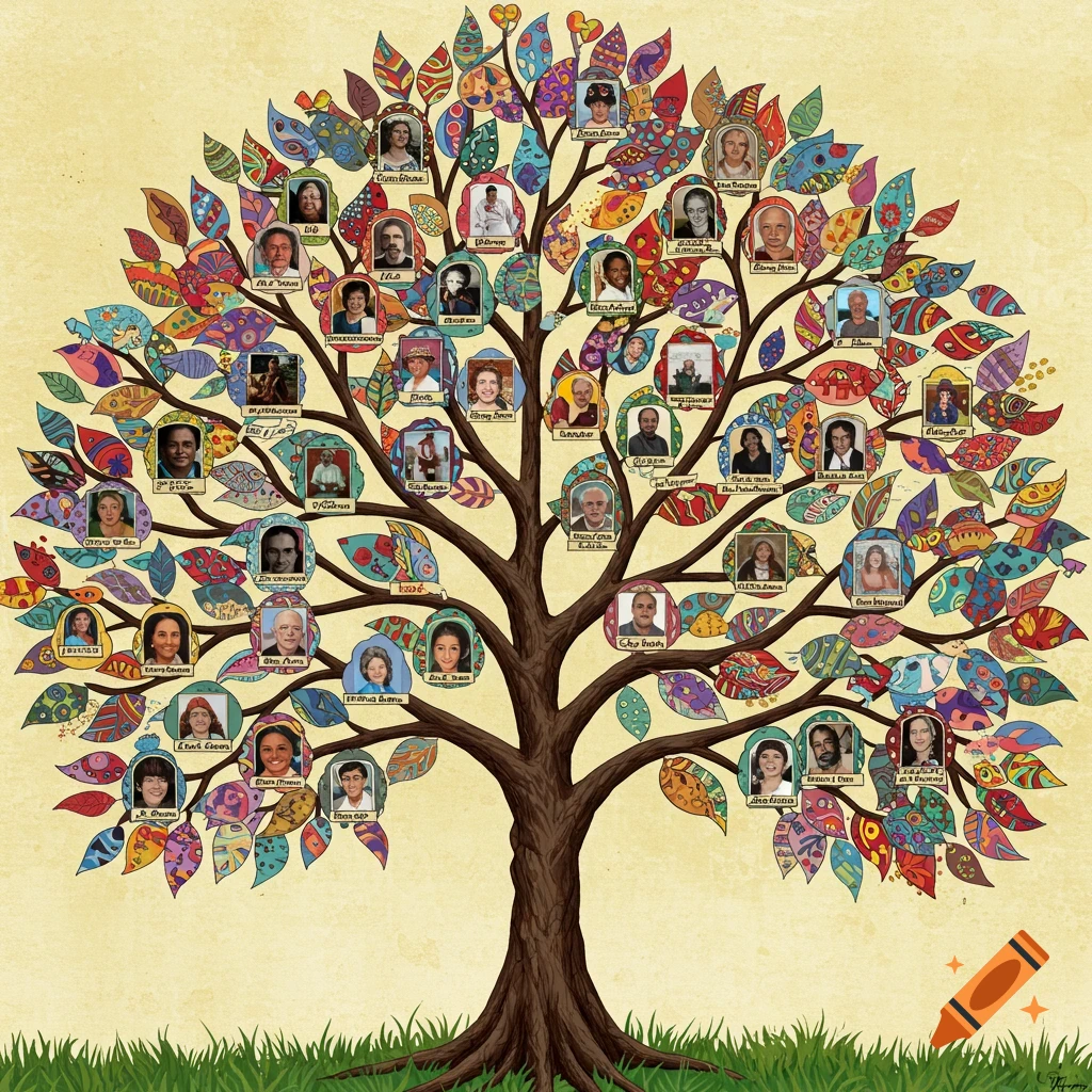 An illustration of a colorful family tree with many portraits in ...