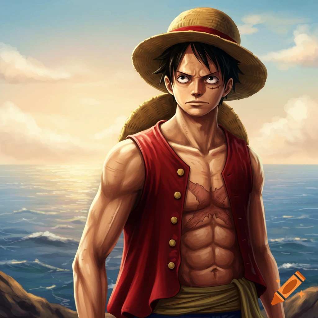 Realistic illustration of Luffy from One Piece standing by the sea at ...